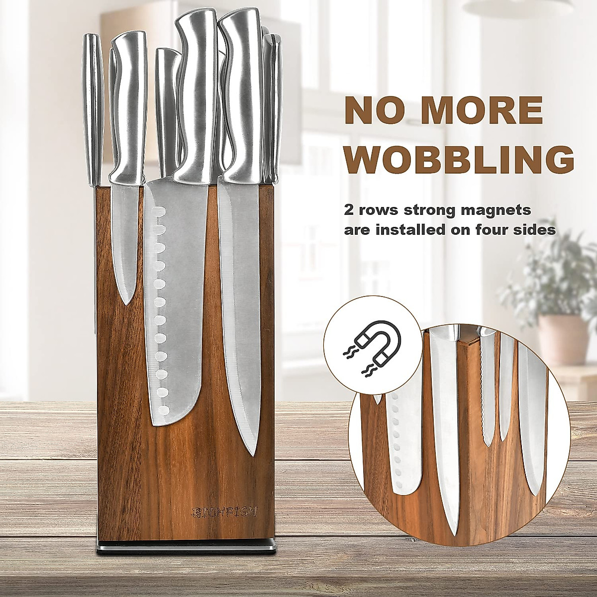 RICHFISH Magnetic Knife Block 360° Rotatable Knife Holder Magnetic Knife Strip Wooden Knife Block without Knives