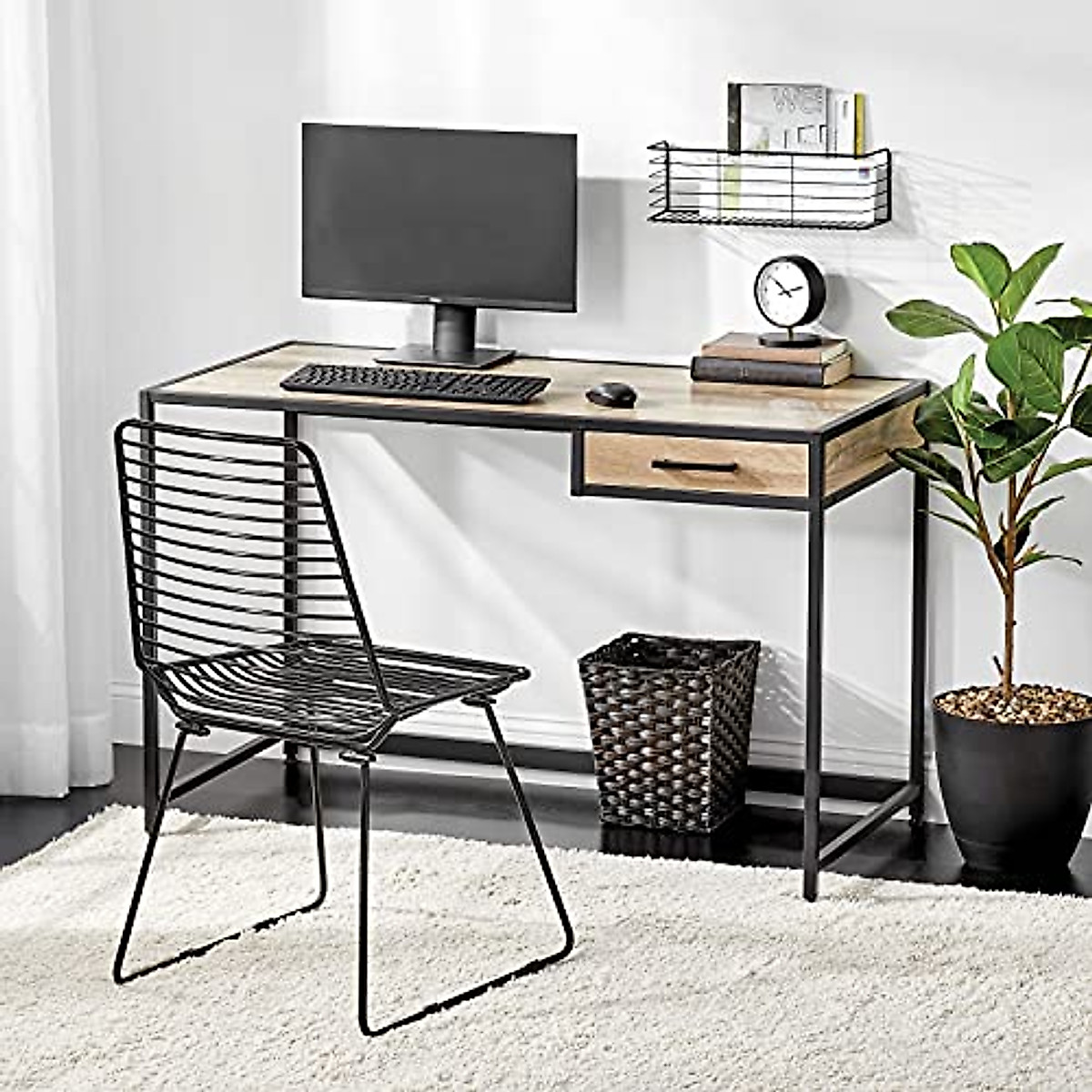 mDesign Metal & Wood Sturdy Home Office Desk with Righthand Drawer - Computer Desk, Home Office Writing, Small Desk, Modern Simple Style PC Table - Black Metal Frame/Gray Wash Wood Top