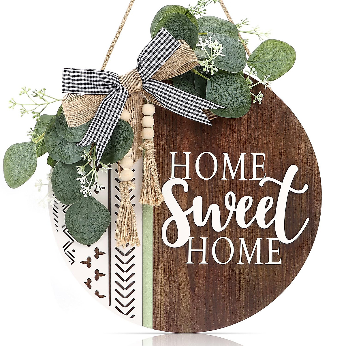 3D Welcome Front Door Wreath Porch Decor, Wooden Home Sweet Home Boho Outdoor Sign Hanging, Farmhouse Aztec Wall Sign Hanger with Artificial Leaves&Rustic Beads