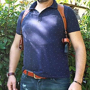 Premium Leather Horizontal Shoulder Holster System with Double Magazine Carrier for Standard Sigg P365 with Out Rail 9mm Micro Compact 3.1''BBL, Right Hand Draw, Brown Color #1329#