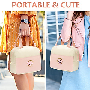 Lunch Bag for Women Large Insulated Lunch Box Reusable Lunch Tote Bag with Smiley Preppy Lunch Bag,Soft Leather Lunchbag for Work School Picnic Travel (White&Pink)