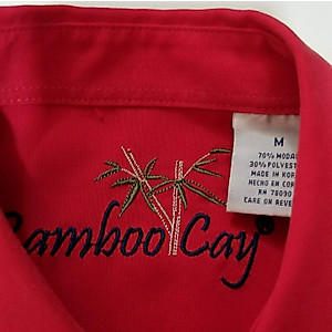 Bamboo Cay Men's Single Palm Tropical Style Embroidered Camp Shirt (Large, Tomato)