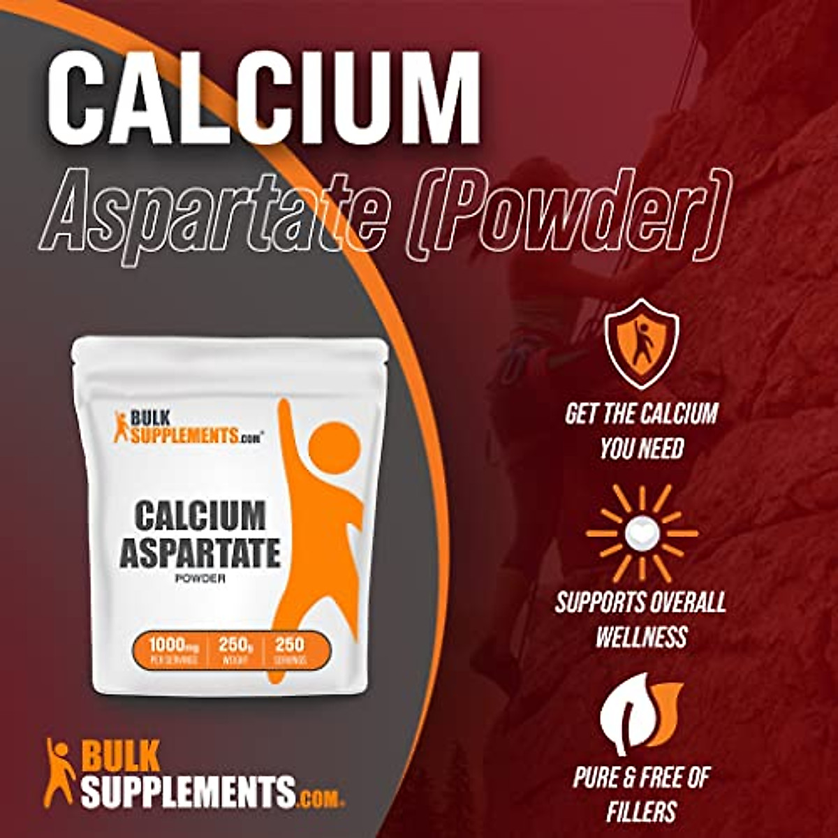BulkSupplements.com Calcium Aspartate Powder - Calcium Supplement Powder - Calcium Aspartate 200mg - Vegan Calcium - 1000mg (200mg Calcium) per Serving, 250 Servings (250 Grams - 8.8 oz)