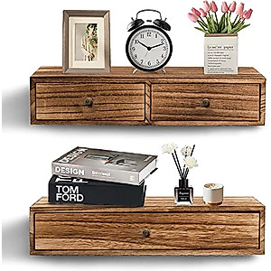 Yesland 2 Pcs Floating Nightstand with Drawer - Rustic Wood Floating Wall Mounted Drawers Floating Shelf with Drawer for Living Room, Bedroom, Storage, Display - Yellowish Brown