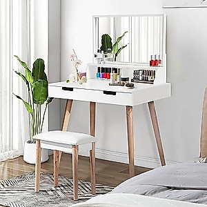 RIDFY Vanity Desk with 2 Drawers, Makeup Desk with Lighted Mirror,Mordern Dressing Table Set for Home Office Desk,Laptop,Study Writing, White