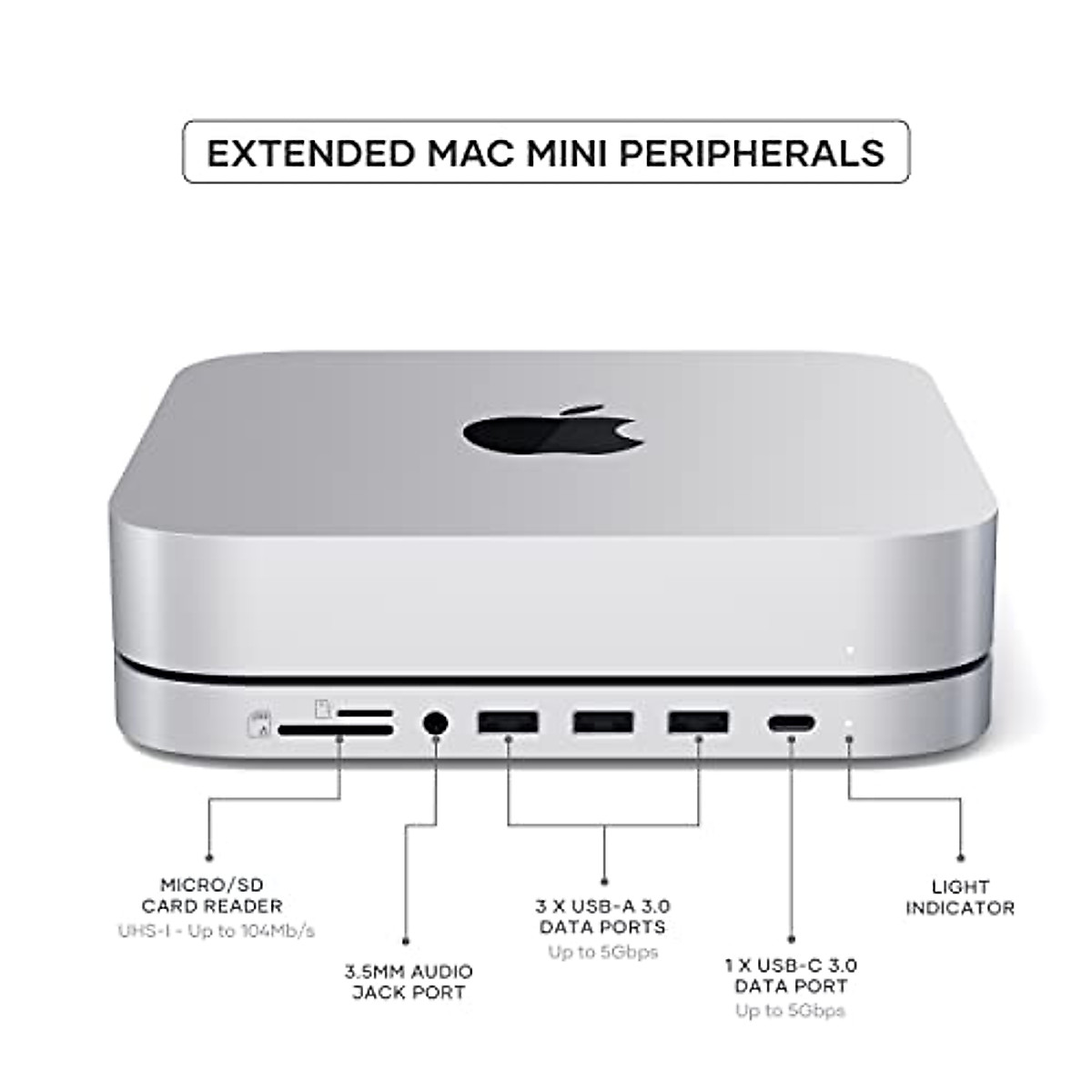 SATECHI Mac Mini Hub & Type-C Stand with SSD Enclosure – Mac Mini Stand - Fits M.2 SATA SSD, USB-C Data Port, Micro/SD Card Readers, USB-A, Headphone Jack Port – for Mac Studio, Mac Mini M1 (Silver)