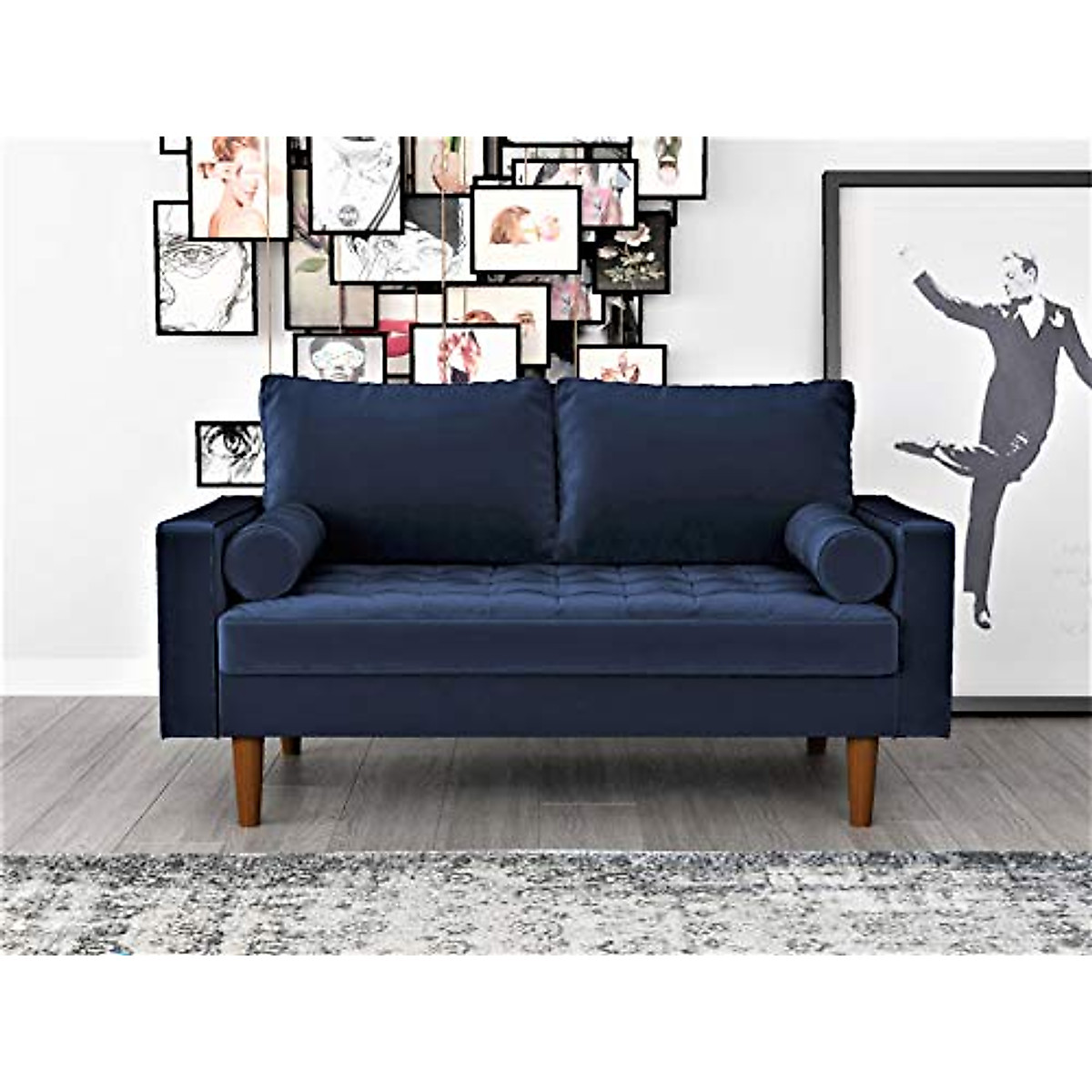 Container Furniture Direct Womble Modern Velvet Upholstered Living Room Diamond Tufted Chesterfield Loveseat with Gleaming Nailheads, Misty Blue