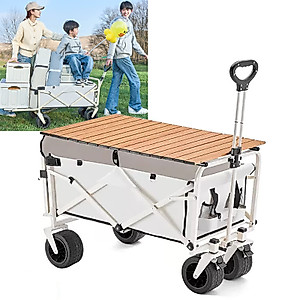 Back Open Folding Garden Utility Wagon with Table, Collapsible Outdoor Small Grocery Carts, 551Lbs Weight Capacity for Shopping & Storage, with 360 Degree Swivel Wheel,White