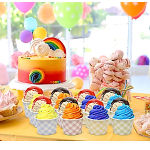 60 Count Pastel Gingham Ice Cream Treat Snack Cups 10 Oz. Disposable Paper Cup Dessert Ices Bowl Pink Blue Yellow Green Checkered Plaid For Frozen Treats Cupcake BBQ Picnic Party Favor Supplies