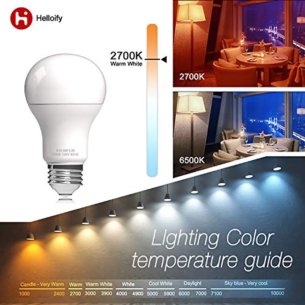 Helloify A19 LED Light Bulb, 9W (60W Equivalent), 806 Lumens, 2700K Soft White, Energy Saving Lamp for Office/Home, Non-dimmable, E26 Screw Base, 6 Count (Pack of 1)