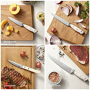 grilljoy 17PCS Premium Knife Set With In-drawer Knife Block, High Carbon Stainless Steel Cutlery Knife Block Set, Versatile Chef Knife Set for Daily Kitchen Use, White