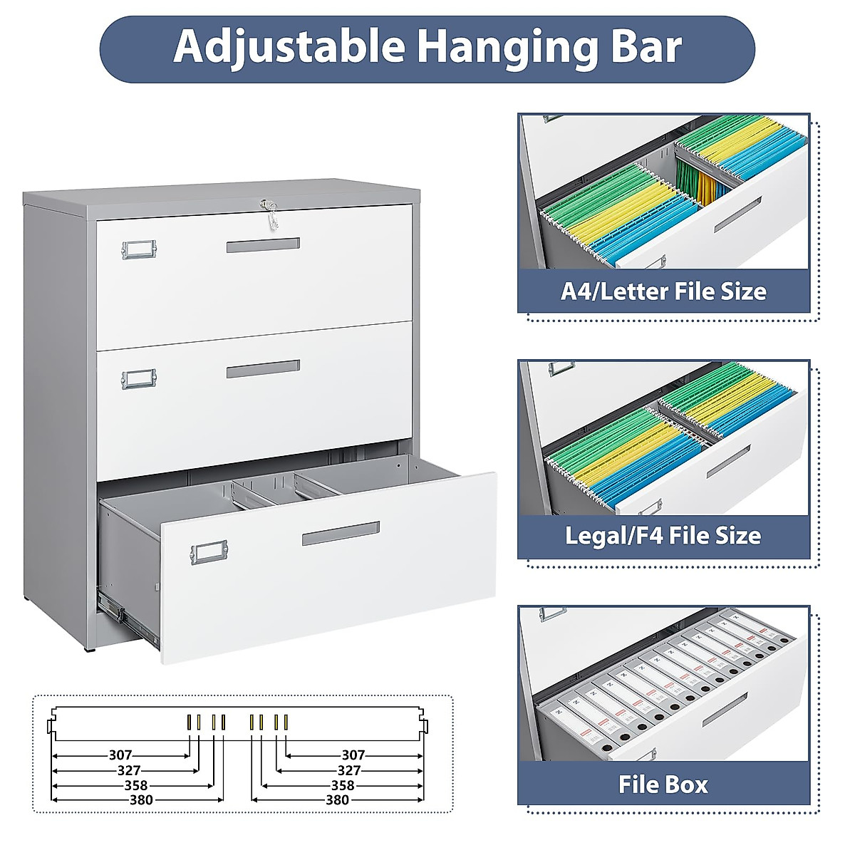 LISSIMO Lateral File Cabinet with Lock, 3 Drawer Metal Storage Filing Cabinet for Hanging Files Letter/Legal/F4/A4 Size, Vertical Files Cabinet for Home Office