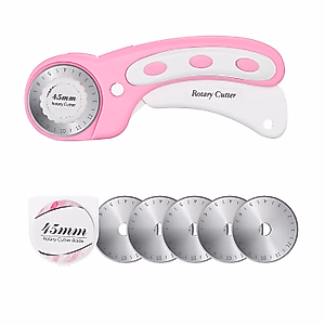 45mm Rotary Cutter with 5pcs Extra Blades, Ergonomic Handle Rolling Cutter with Safety Lock for Fabric, Leather, Crafting, Sewing, Quilting, Fabric Rotary Cutter Perfect for Left & Right Hand(Pink)