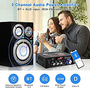 HiFi Bluetooth Audio Amplifier 298A Mini Stereo Amp RMS 40W Max 300W 2.0 Channel Audio Power Amplifier Receiver w/USB FM Mic for Home, Car Speakers System(US Plug)