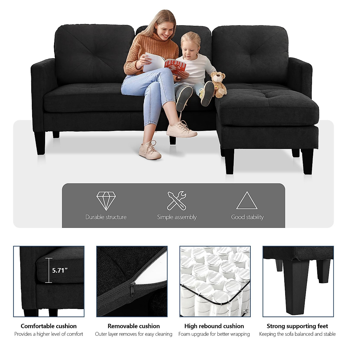 TOBYUL L-Shaped Couch with Reversible Chaise，Convertible Sectional Sofa Couch，Modular Couch Set，Living Room Furniture Sets，Couches for Living Room Apartment and Small Space (Black)
