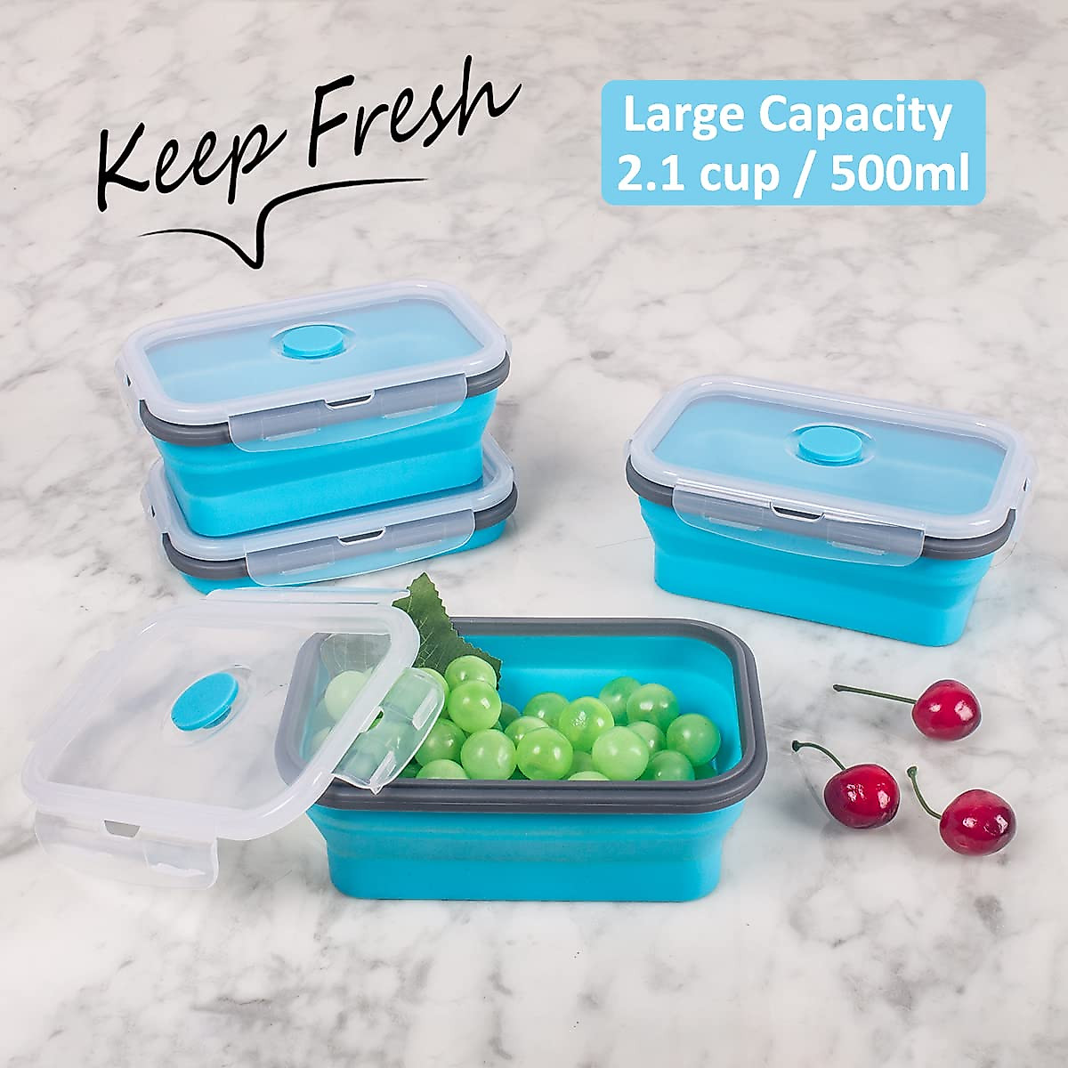 Annaklin Collapsible Food Storage Containers with Lid, Bundle of 3 Sizes, 12 Pack, Kitchen Stacking Silicone Collapsible Meal Prep Container Set for Leftover, Microwave Freezer Dishwasher Safe, Blue