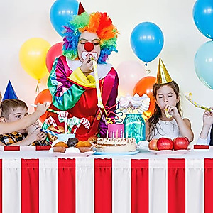 durony 2 Packs Red and White Striped Table Skirt Circus Theme Party Supplies Carnival Table Skirt for Carnival Home Party Decoration, 165 x 30 Inches