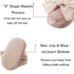 WATOCHE Baby Girl Socks Look Like Shoe Toddler Ant-slip Socks with Grips Baby Long Socks with Cute Bows Floor Shoes Socks(Coffee+Kaqi Bow,0-6M)