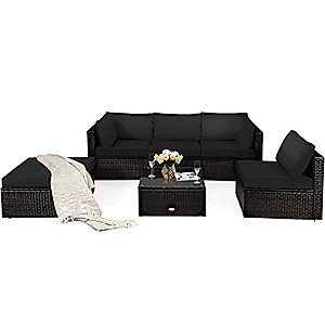 HAPPYGRILL 6 Pieces Patio Conversation Set Outdoor Wicker Furniture Set Rattan Sofa Set with Seat & Back Cushions Coffee Table for Patio Garden Lawn Poolside Backyard