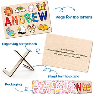 Personalized Name Puzzle for Kids Engraved Text Greetings on Back, Custom Wooden Name Signs with Pegs for Boy & Girl 1 Year Old Montessori Toys Toddler Puzzles for Newborn