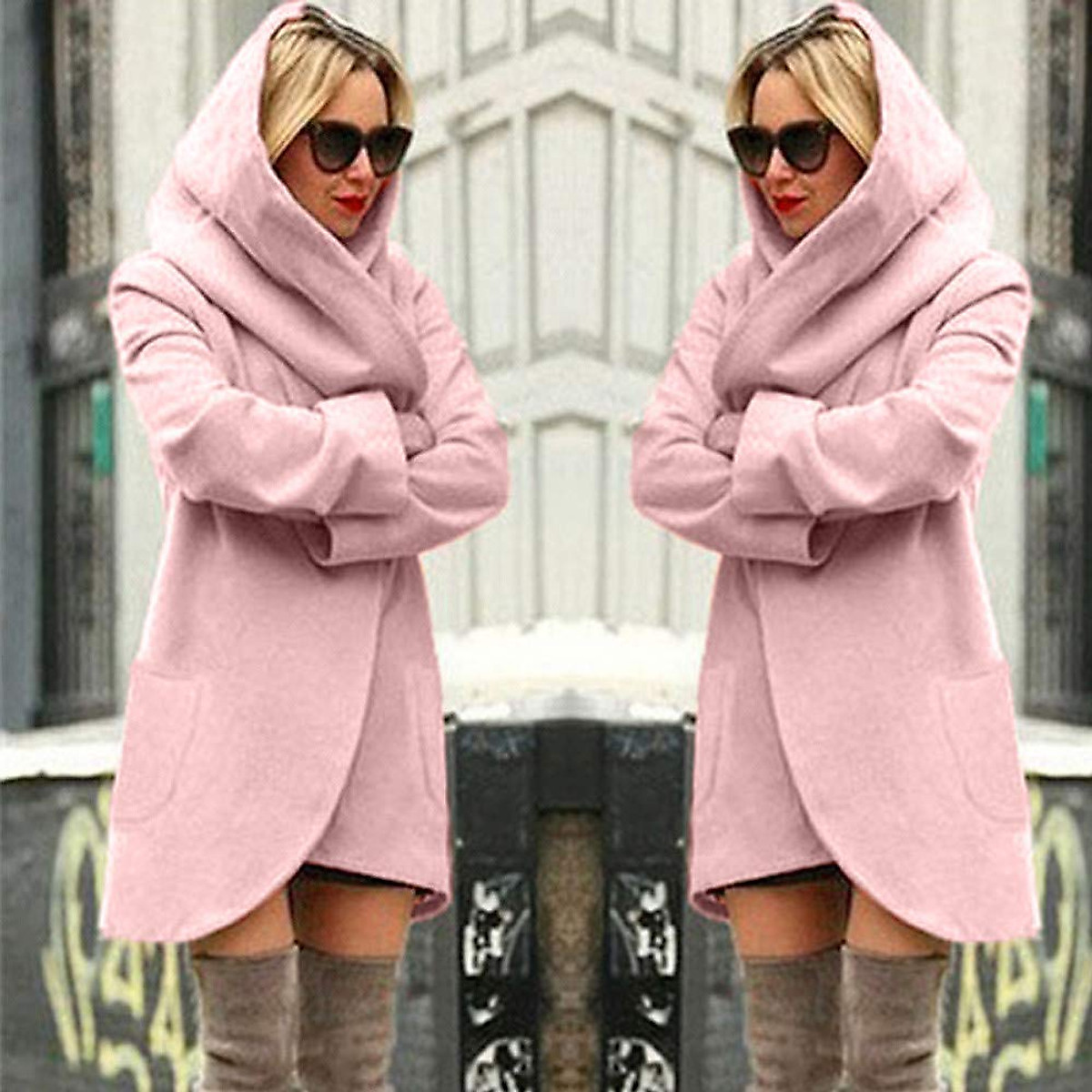 DONTAL Women Woolen Hooded Thin Coat Loose Ladies Casual Hoodies Jacket Overcoat Top Pink