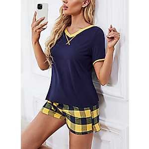 HOCOSIT Womens Pajama Set V-Neck Short Sleeve with Plaid Shorts Sleepwear Summer Lounge Pj Set S-XXL Navy X-Large