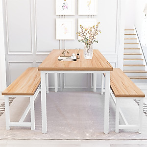 Recaceik 47” Dining Table Set with Benches, 3 Pieces Dining Room Table Set for 4, Wood Kitchen Table and Chair Set, Space Saving Dinette Set for Breakfast Nook, Dining Room, Beige