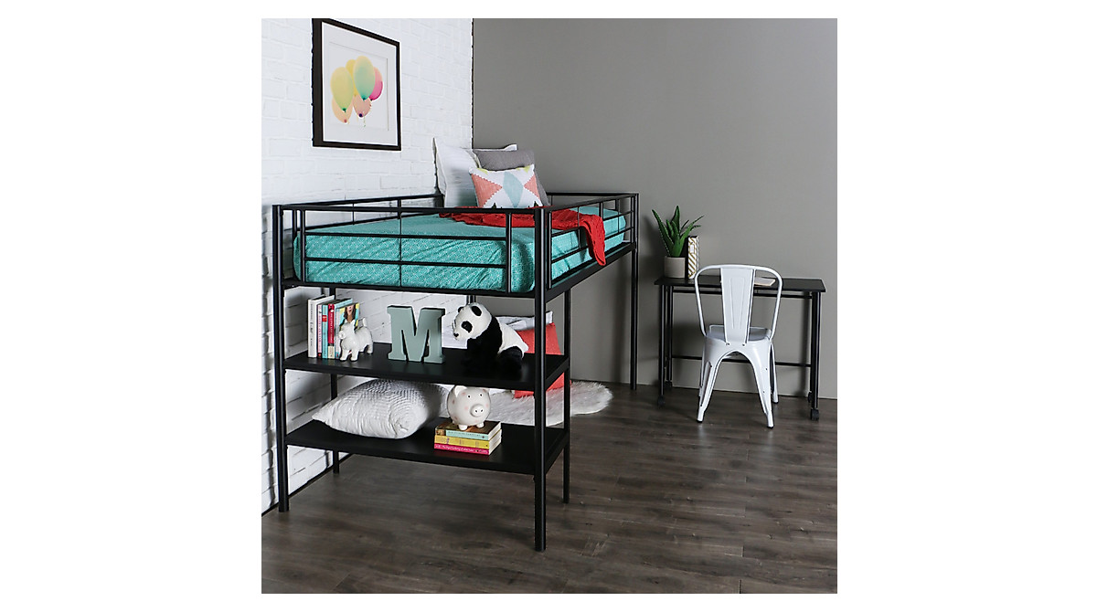 Walker Edison Black Twin Loft Bed with Storage & Desk