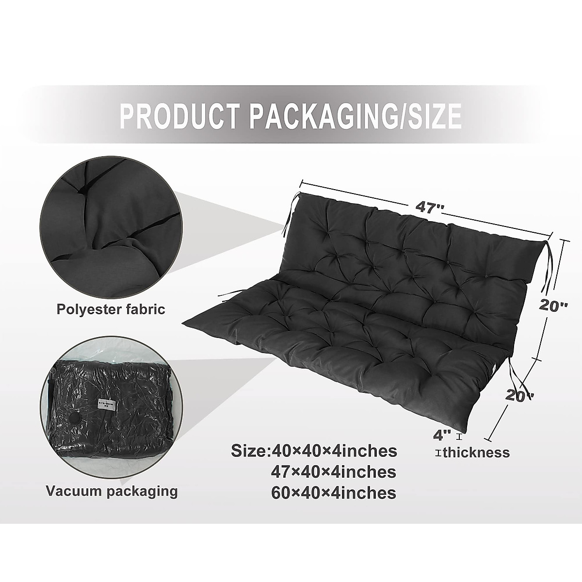 COSNUOSA Swing Replacement Cushions Waterproof Porch Swing Cushions 2-3 Seater Outdoor Swing Cushions for Outdoor Furniture Black 47x40 Inches