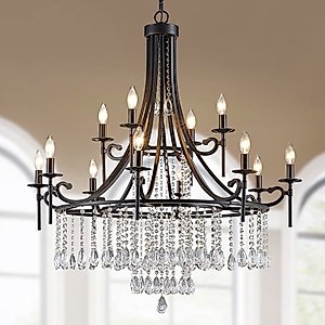 WUZUPS Candle Chandelier 12-Light Wagon Wheel Pendant Ceiling Light Modern Lighting Fixture for Bedroom Hallway Bar Kitchen Dinning Living Room Bathroom, Black, E12 Base, 37" Wide 42.4" High