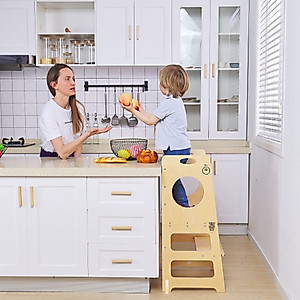 4-in-1 Foldable Kitchen Stool Helper with Safety Crossbar, Standing Toddlers Tower with Chalkboard for Learning, Montessori Folding Desk Table and Chair Set for Kids 1-6 Years