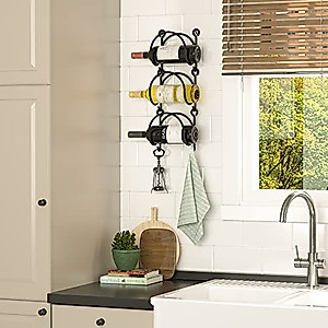 Wallniture Wrought Iron Wine Rack – Wall Mount Bottle Storage Organizer – Rustic Home Decor Set of 3