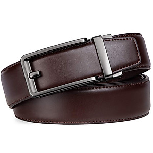 Founders & C Men's Leather Ratchet Comfort Click Belt Dress with Slide Buckle -Adjustable Trim to Fit (28"-42" Waist Adjustable, Matted Gun Buckle W Brown Leather)