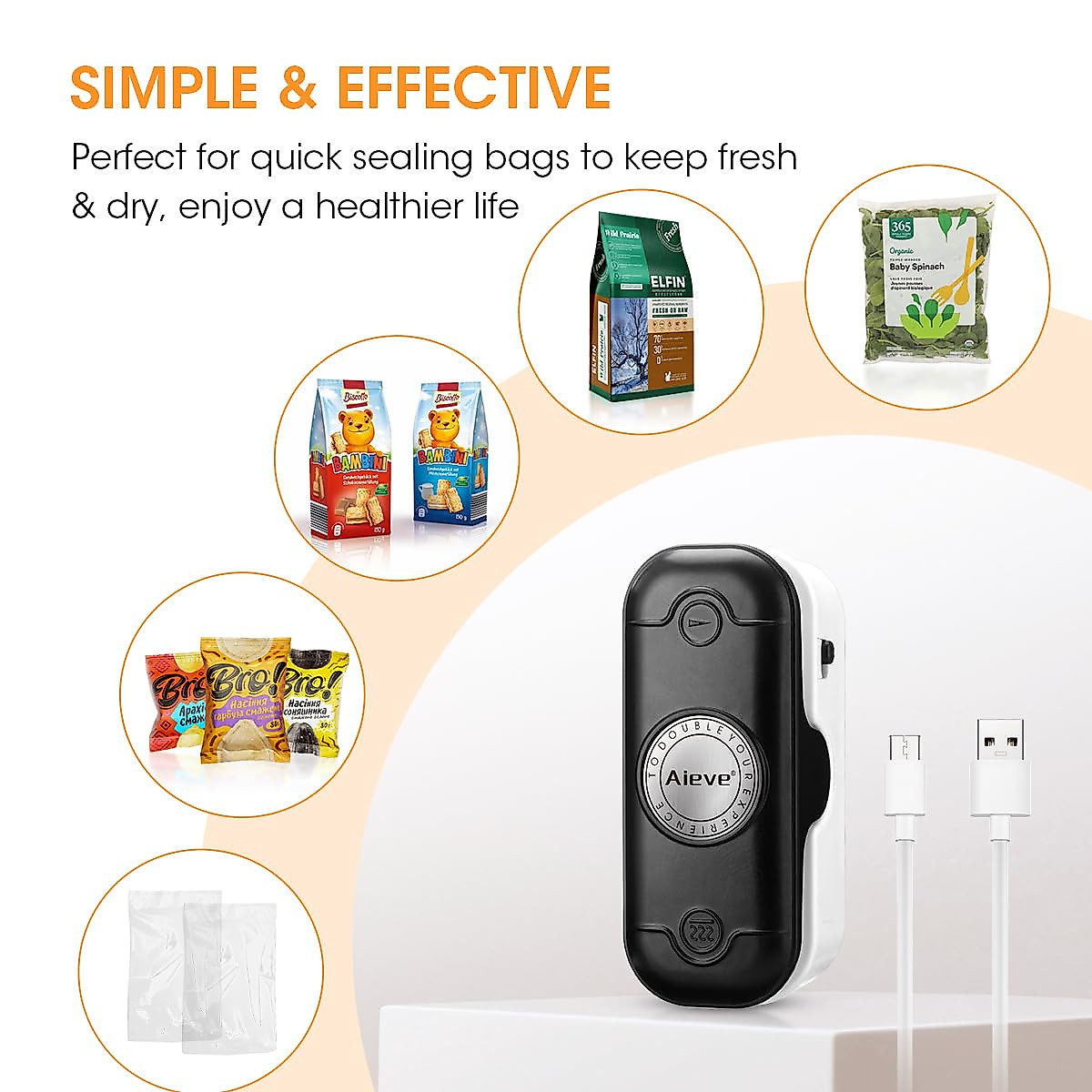 Aieve Bag Sealer Mini, Rechargeable Chip Bag Sealer, Handheld 2 In 1 Heat Seal & Cutter