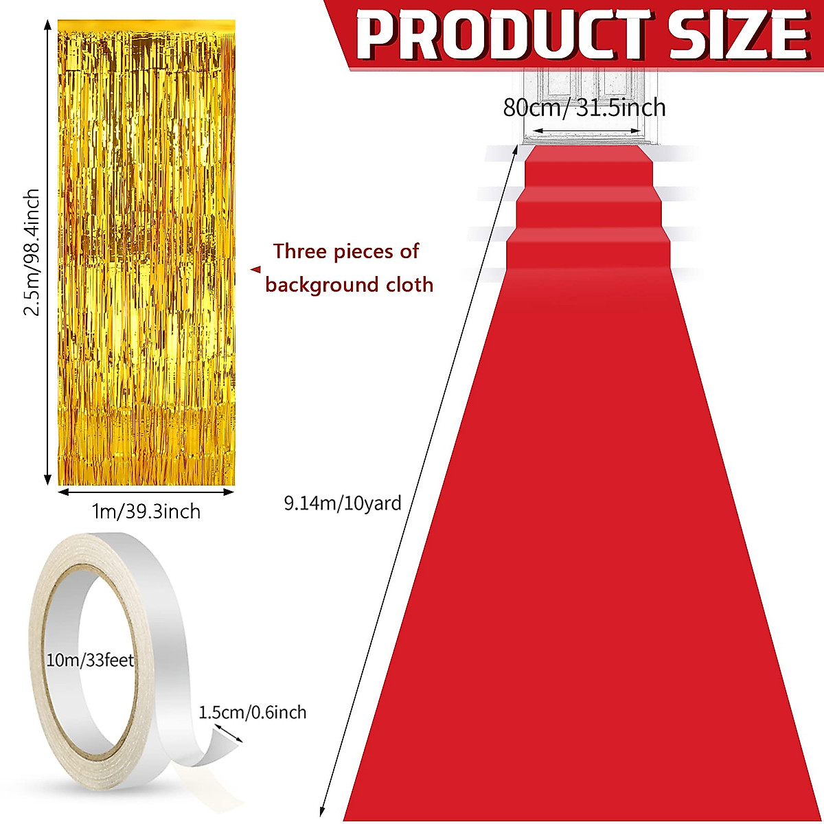 Tegeme Carpet Runner Aisle 2.6 x 30 Feet with Carpet Tape and 4 Pieces of 8.2 x 3.2 Feet Metal Tinsel Tassel Curtains for Halloween Birthday Wedding Party Decoration(Red)