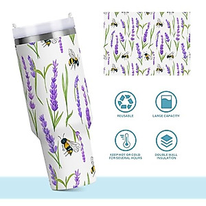 ODAWA Large Bees Lavender Flowers Insulated Tumbler Cup with Straw and Handle, Steel Insulated Tumbler