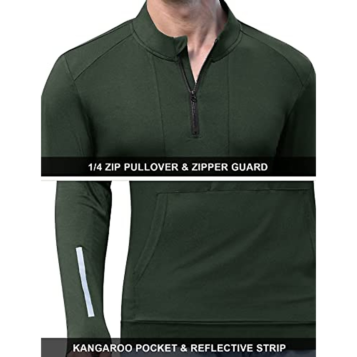 Poriff Men's Active Dry-Fit Quarter Zip Long Sleeve Outdoor Running Performance Pullover Golf Workout Shirts Army Green S