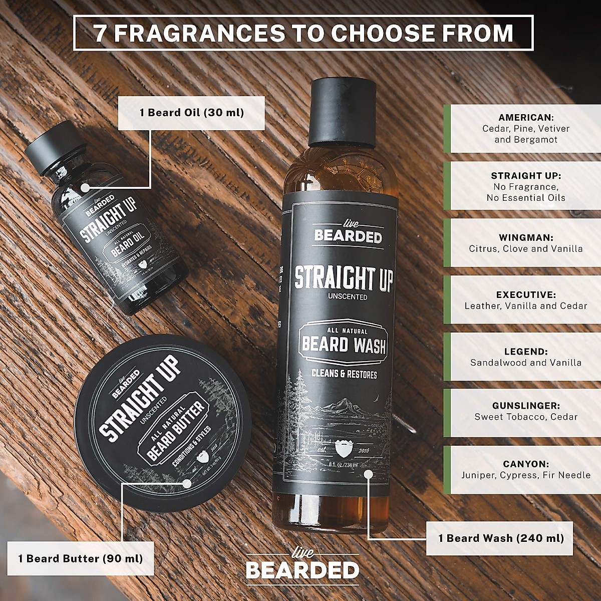 Live Bearded 3-Step Beard Grooming Kit - Wash, Oil and Butter - Made in the USA - All-Natural Ingredients with Shea, Jojoba - Growth Support | Canyon Scent - Juniper, Cypress, Fir Needle