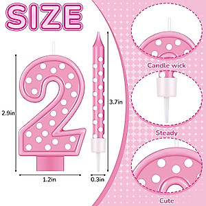 Birthday Candle Number Girls 3 Inch Hot Pink Candle and 6 Pcs Polka Dot Birthday Candles 3.8 Inch First Party Cake Birthday Decorations for Girl (Number 2)