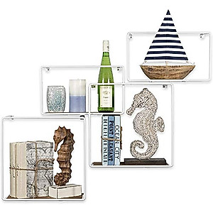 KAO Mart Wall Mounted Rustic Iron and Wood Intersecting Unique Floating Shelves Wood (4, White)