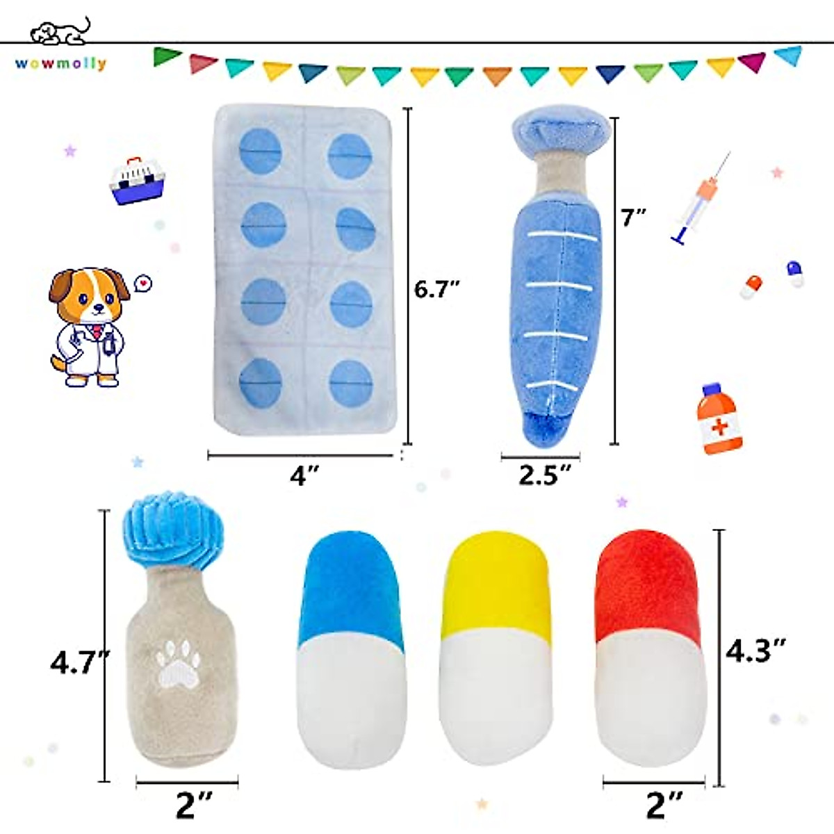 wowmolly Medicine Box Design Plush Chew Dog Toys Including Syringe 3 Pills Tablet Pill Potion Bottle Squeaky Interactive Custom Stuff Pet Toy for Small, Medium Dogs