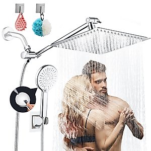 Luxsego 10-Inch Ultra-Thin Stainless Steel Rainfall Showerhead with 3-Way Diverter, Handheld Shower, and Adjustable Extension Arm