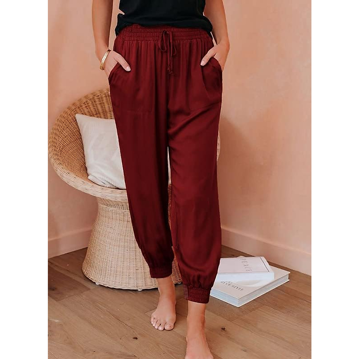 Dokotoo Womens Ladies Summer Comfy Casual Loose Lightweight Solid Color Tie Elastic Waist Linen Jogging Jogger Pants Sweatpants for Women with Pockets Red Large