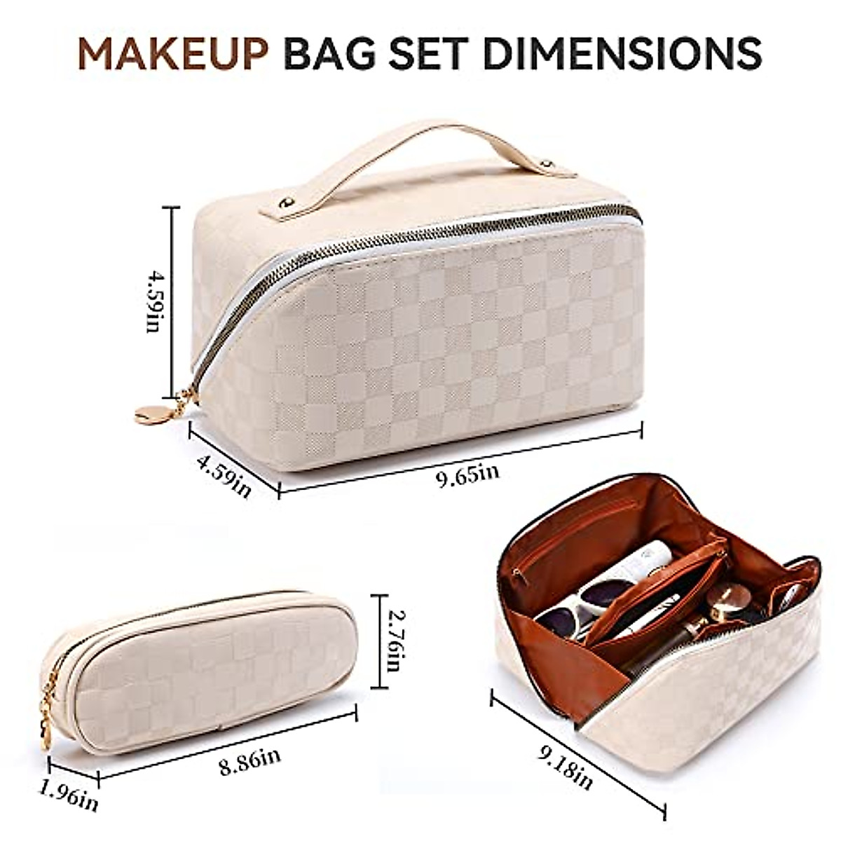 BAGCRAZY 2 Pcs Waterproof PU Leather Checkered Makeup Bag, Large Capacity Travel Cosmetic Bag - Portable Makeup Bags for Women, Lightweight Design and Waterproof Toiletries Bag for Cosmetic, White