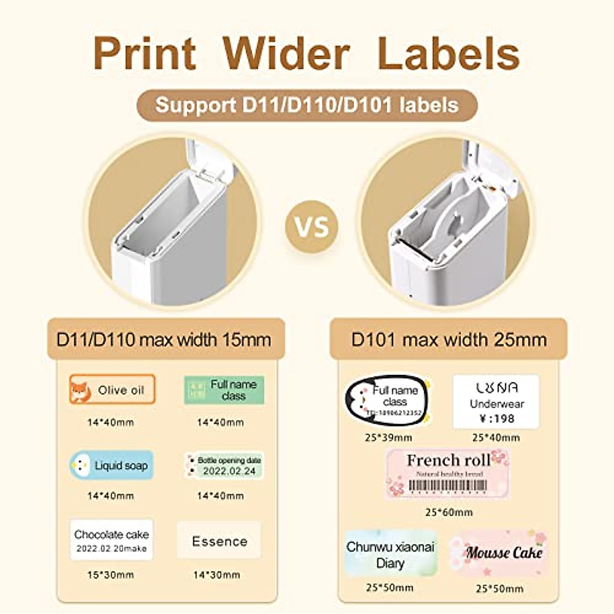D101 Label Maker Machine with 2 Tapes - 12*40mm White Label Paper and 25*50mm White Label Paper