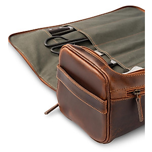 Angus Stoke premium leather knife bag-case, XXL chef's roll bag with huge storage space and extras - waxed vintage buffalo leather, Arvid (Walnut-Brown)