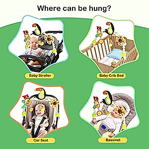 mihotoy Baby Stroller Arch Toy with Teether, Rattle, Crinkle Sound, Mirror & Music Box, Newborns Sensory Activity Carrier Take-Along Toy, Adjustable for Bouncers