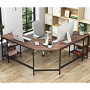 Yongchuang L Shaped Desk with Storage, Large Home Office L-Shaped Computer Desk with Shelves Reversible Corner Desk 69" Writing Table Workstation Industrial Study Desk Brown Wood Top