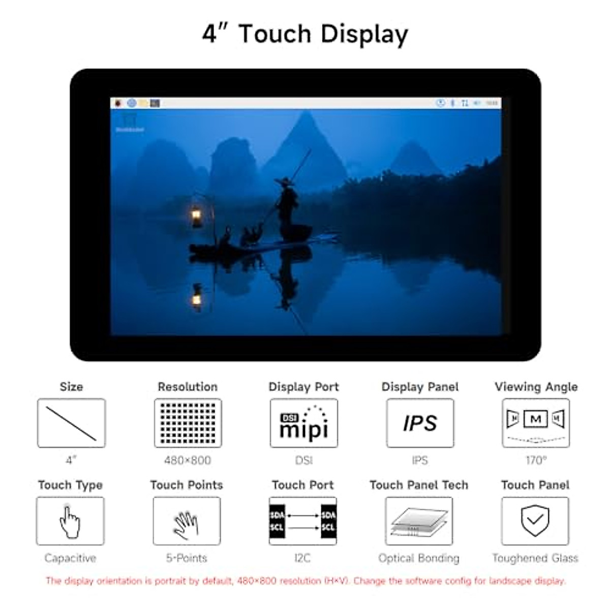 waveshare 4inch Capacitive Touch Display Compatible with Raspberry Pi5/4B/3B+/3A+/CM3+/4 480×80 Resolution DSI Interface IPS Optical Bonding Screen