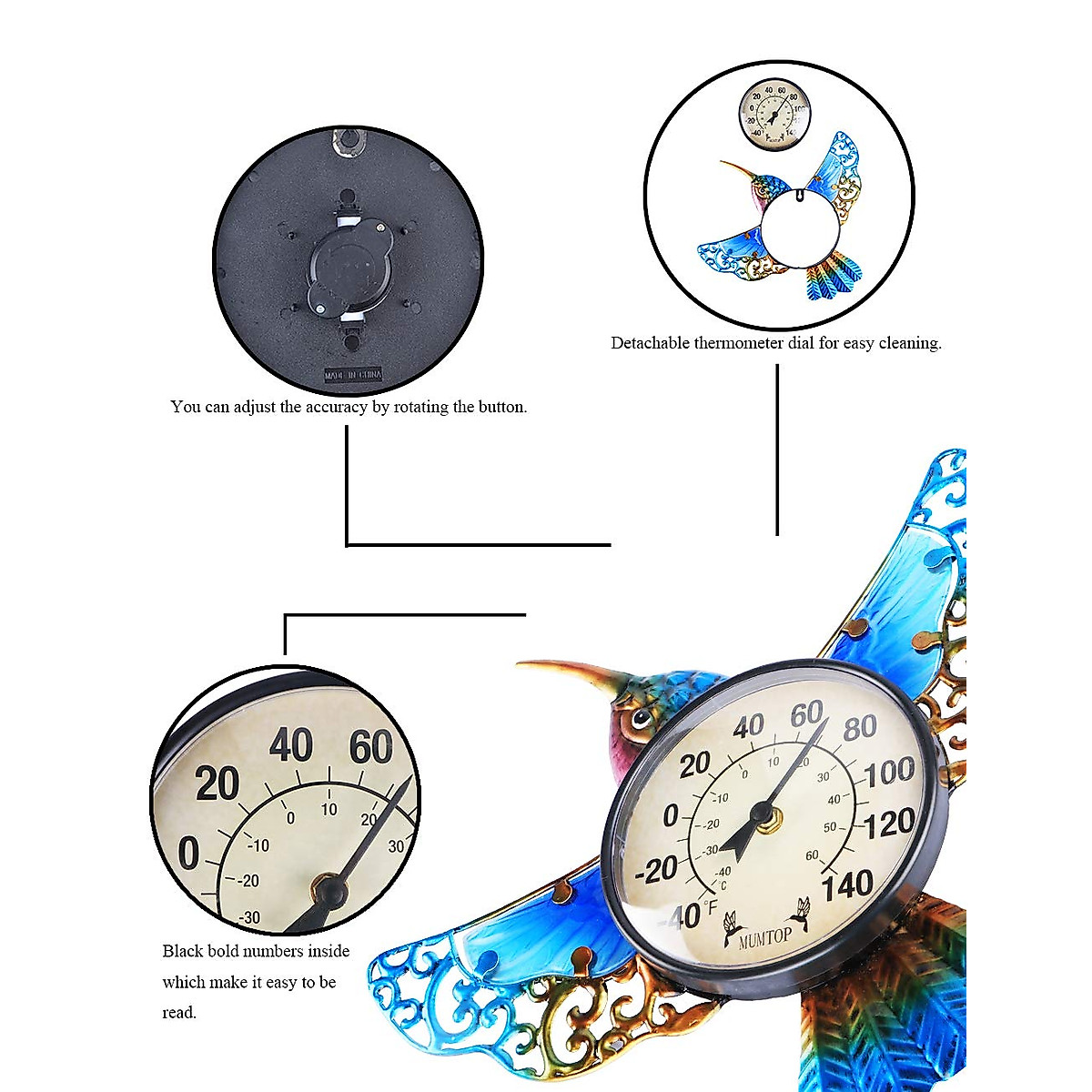 MUMTOP Indoor Outdoor Thermometer Hummingbird Waterproof Wall-Mounted Thermometer Exquisite Decoration Does not Require Any Battery